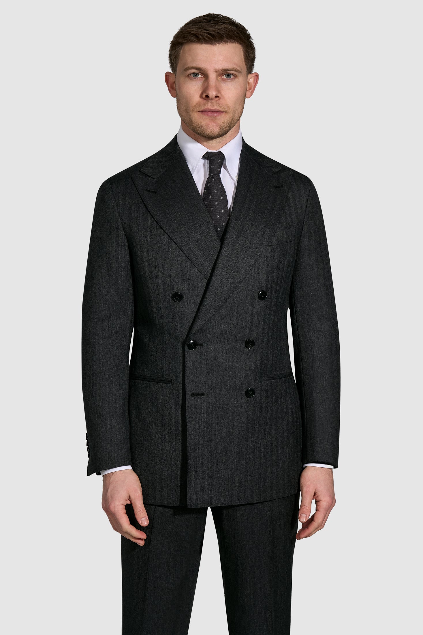SUITREVIEW Elmhurst Charcoal Herringbone Pure Wool Super 120s DB Suit